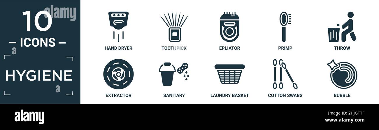 filled hygiene icon set. contain flat hand dryer, toothpick, epliator ...