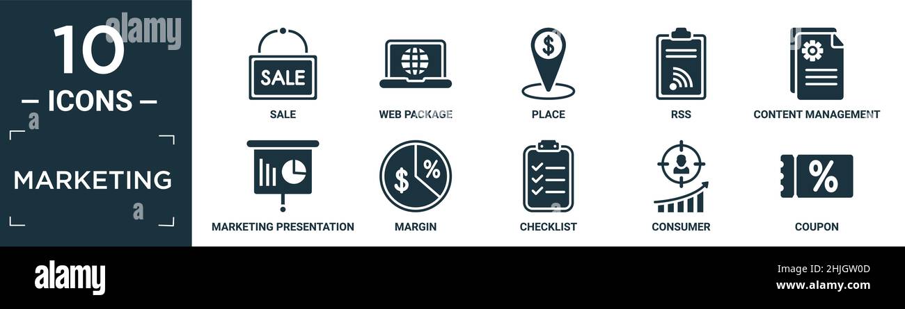 filled marketing icon set. contain flat sale, web package, place, rss ...