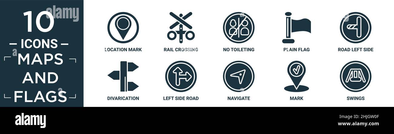 filled maps and flags icon set. contain flat location mark, rail ...