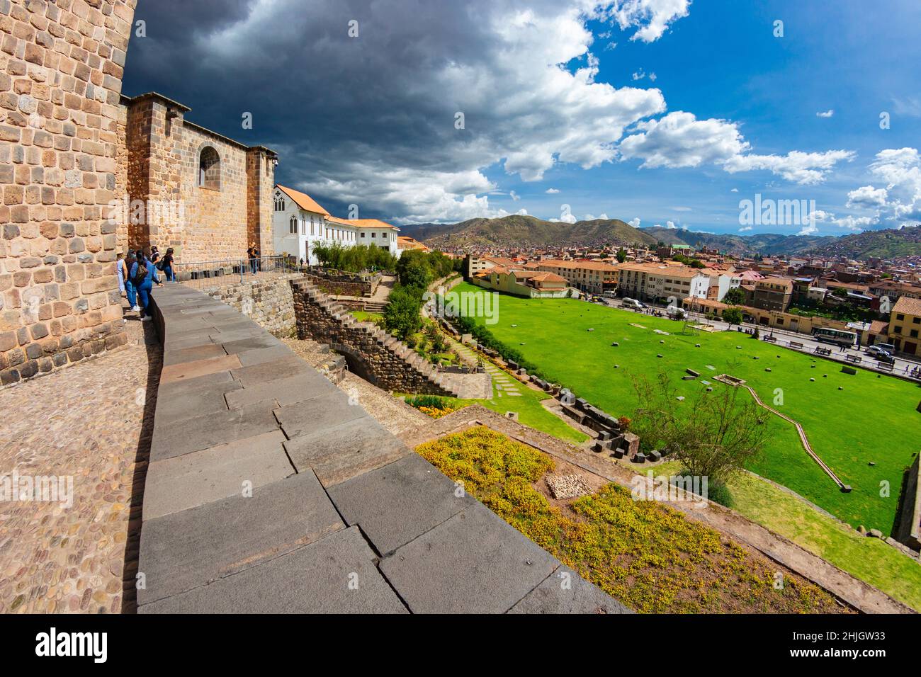 Aerial beautiful landscape view of green grass fields, houses mountains ...