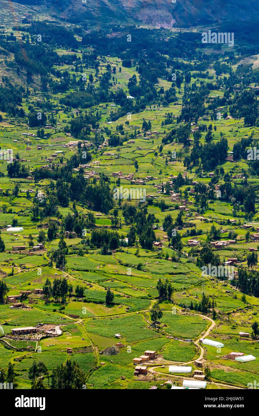 Aerial beautiful landscape view of green grass fields and green meadows ...