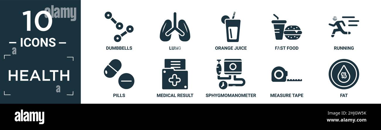 filled health icon set. contain flat dumbbells, lung, orange juice ...