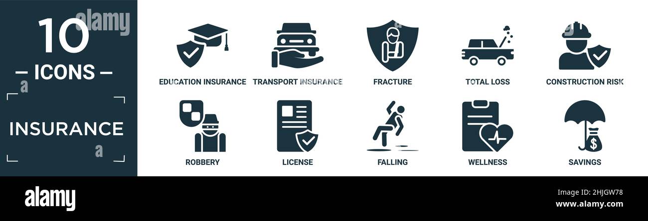 filled insurance icon set. contain flat education insurance, transport ...