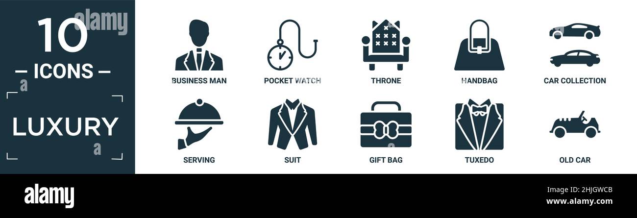 filled luxury icon set. contain flat business man, pocket watch, throne ...