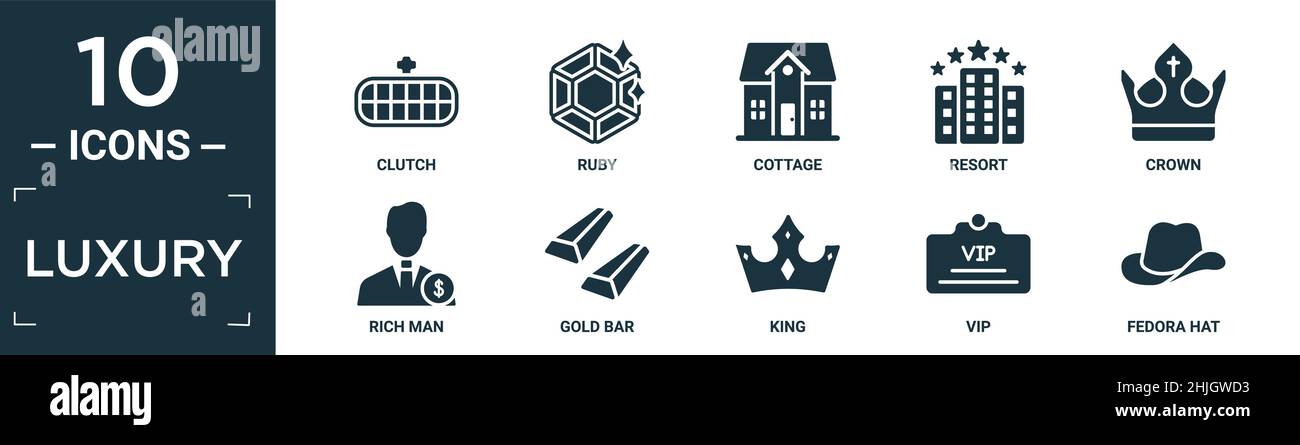 filled luxury icon set. contain flat clutch, ruby, cottage, resort ...