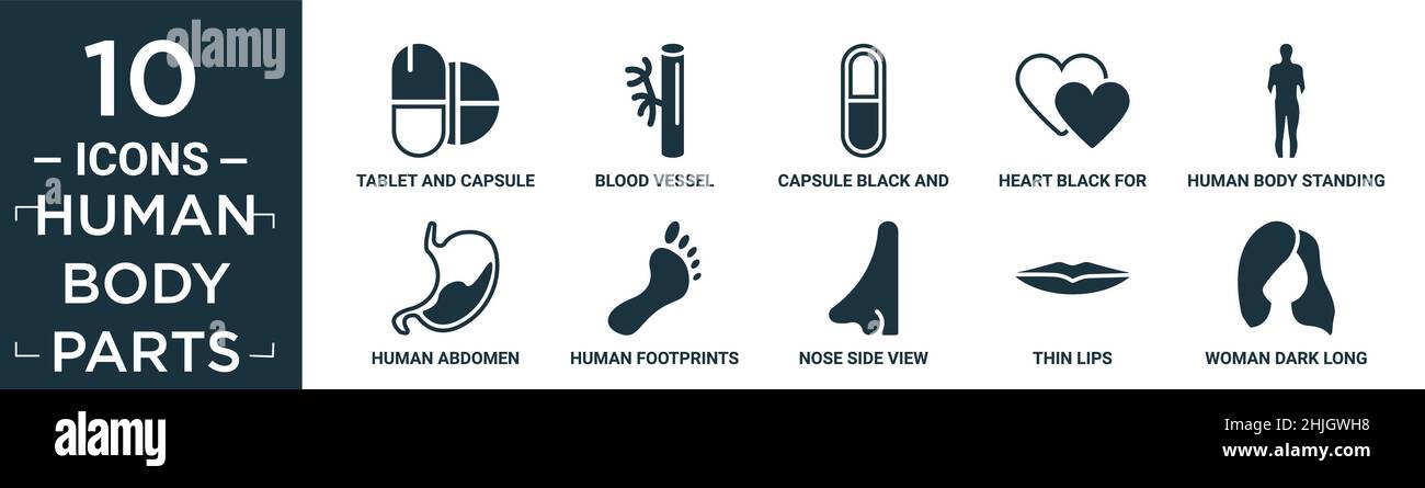 filled human body parts icon set. contain flat tablet and capsule ...