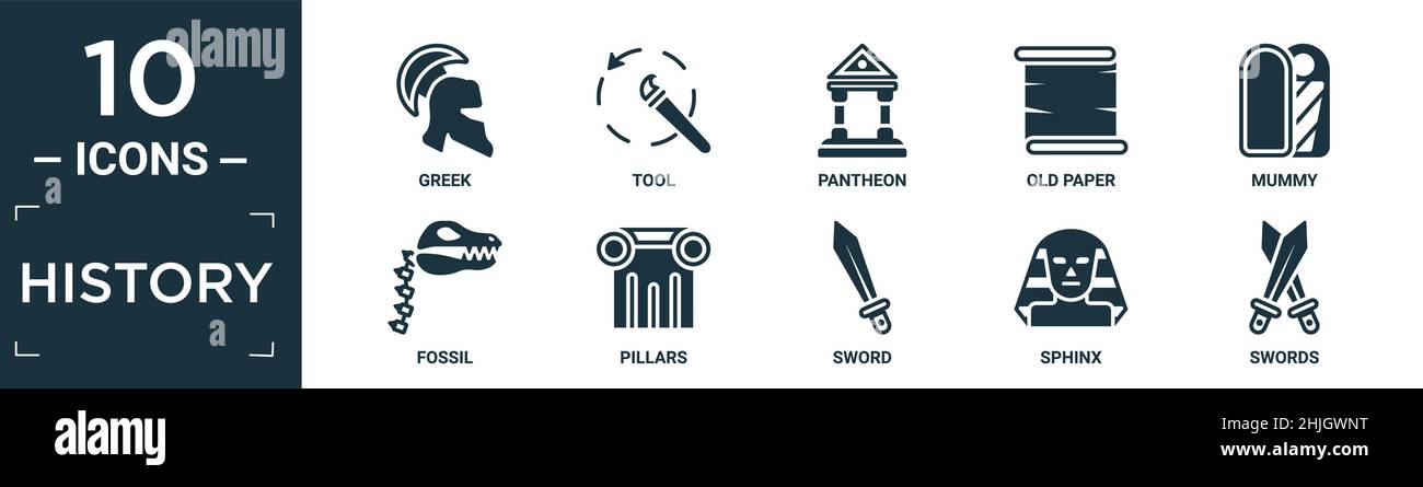 filled history icon set. contain flat greek, tool, pantheon, old paper ...