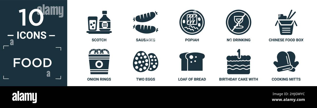 filled food icon set. contain flat scotch, sausages, popiah, no ...