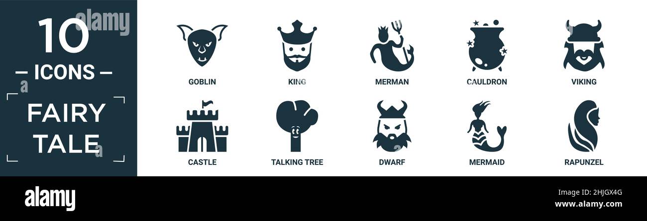 filled fairy tale icon set. contain flat goblin, king, merman, cauldron ...