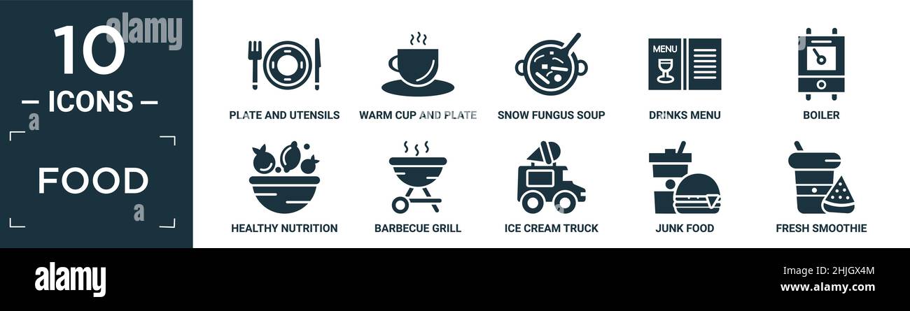 filled food icon set. contain flat plate and utensils, warm cup and ...