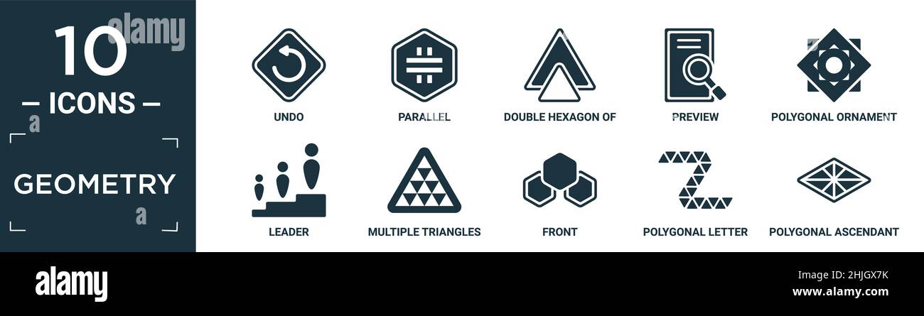 filled geometry icon set. contain flat undo, parallel, double hexagon ...
