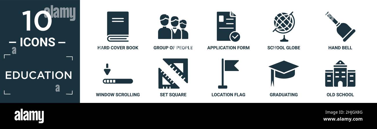 filled education icon set. contain flat hard cover book, group of ...