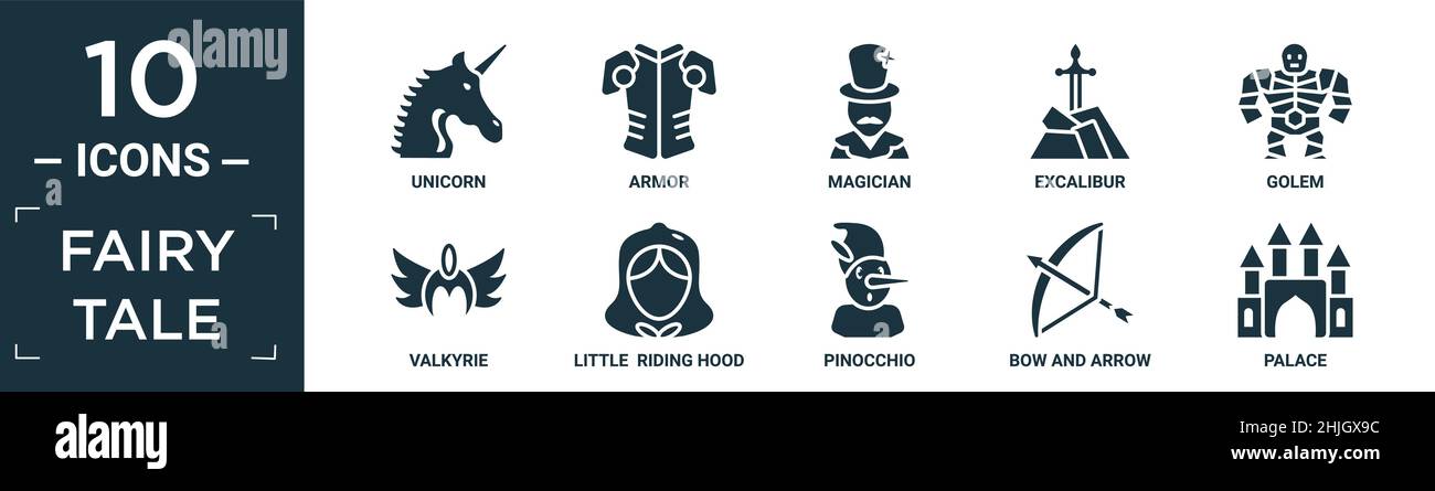 filled fairy tale icon set. contain flat unicorn, armor, magician ...