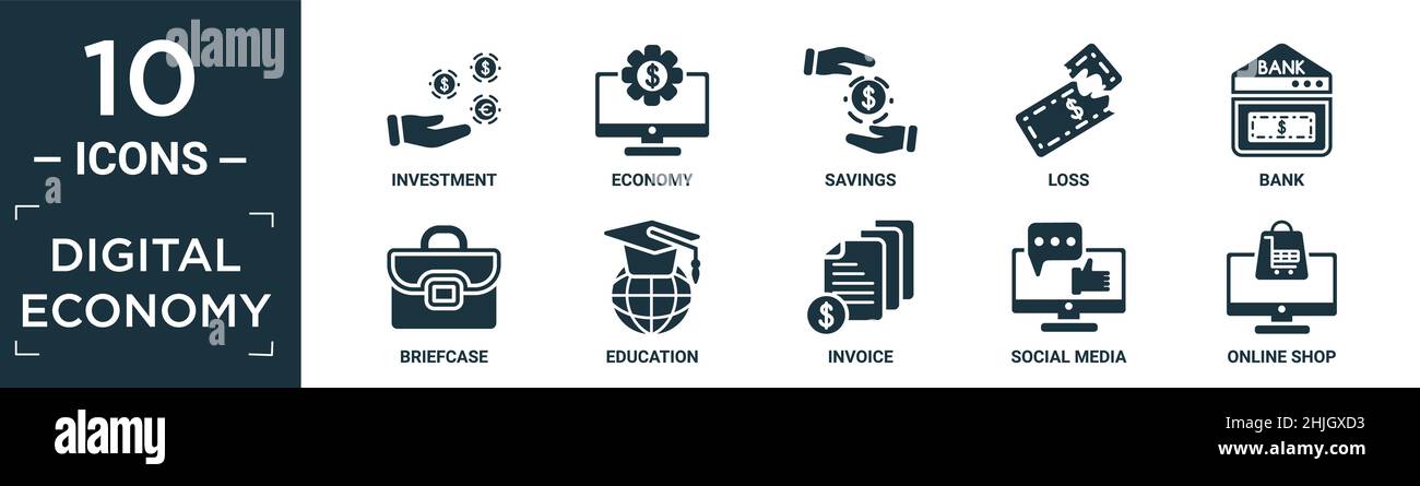 filled digital economy icon set. contain flat investment, economy ...