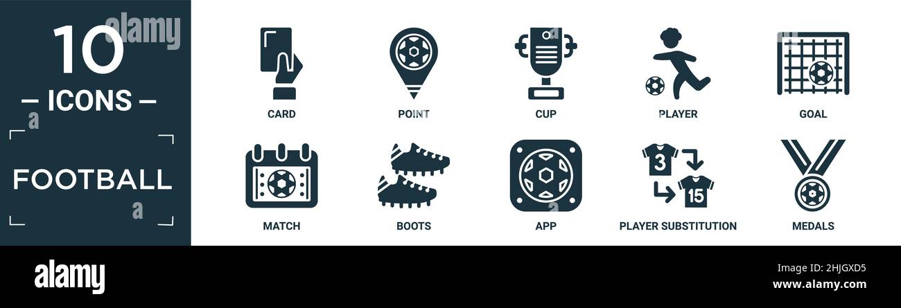 filled football icon set. contain flat card, point, cup, player, goal ...