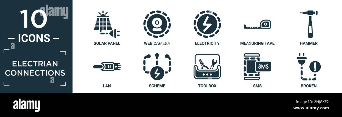 filled electrian connections icon set. contain flat solar panel, web ...