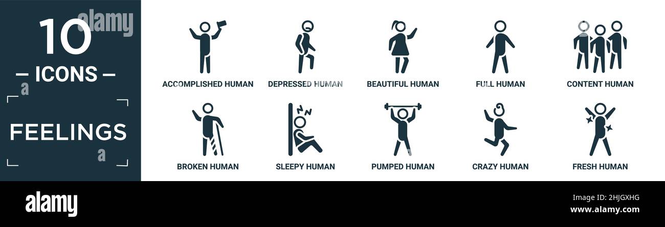 filled feelings icon set. contain flat accomplished human, depressed ...