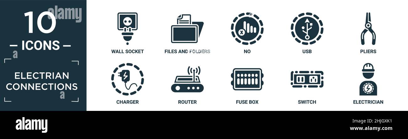 filled electrian connections icon set. contain flat wall socket, files ...