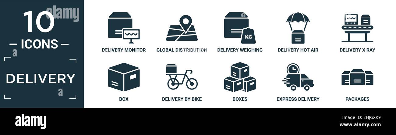 filled delivery icon set. contain flat delivery monitor, global ...