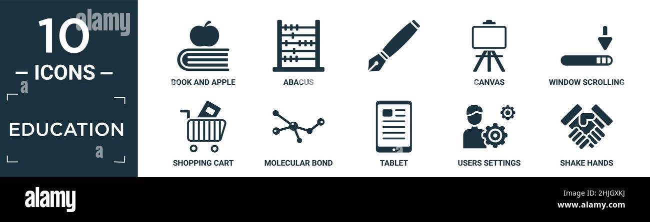 filled education icon set. contain flat book and apple, abacus ...