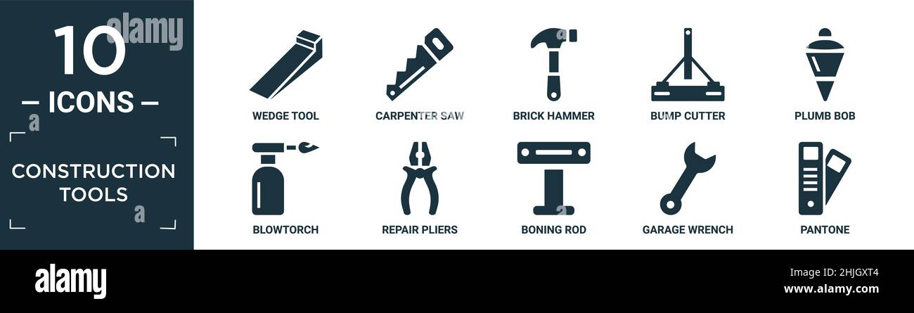 filled construction tools icon set. contain flat wedge tool, carpenter ...