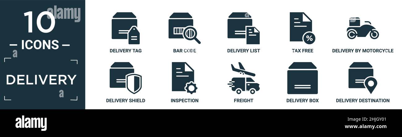 filled delivery icon set. contain flat delivery tag, bar code, delivery ...