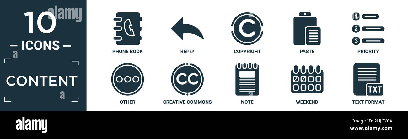 filled content icon set. contain flat phone book, reply, copyright ...