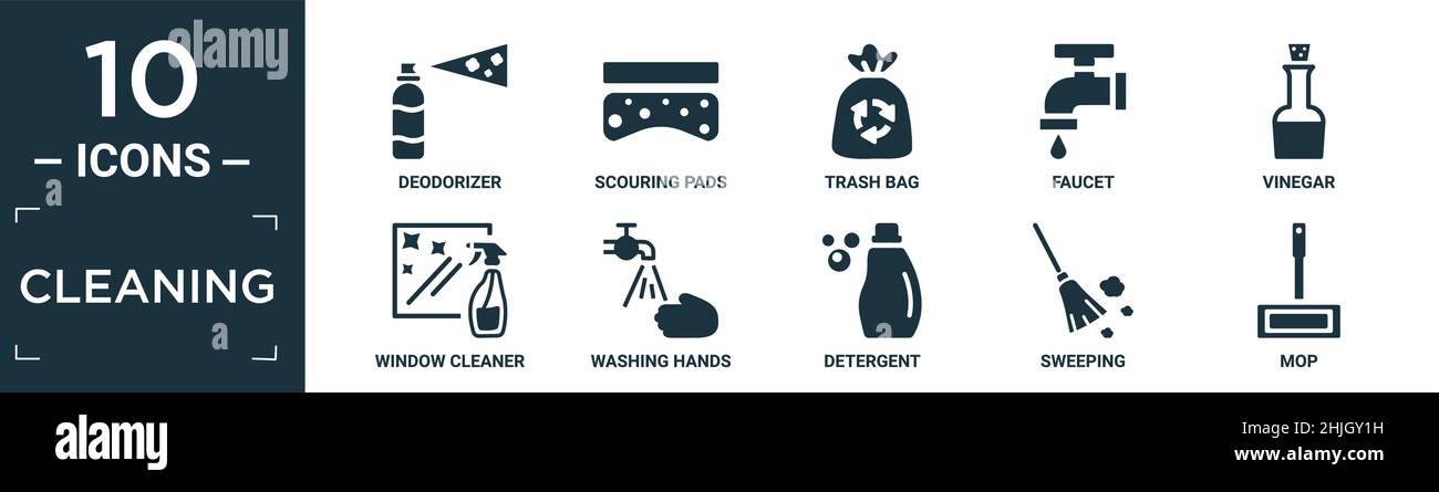 filled cleaning icon set. contain flat deodorizer, scouring pads, trash ...