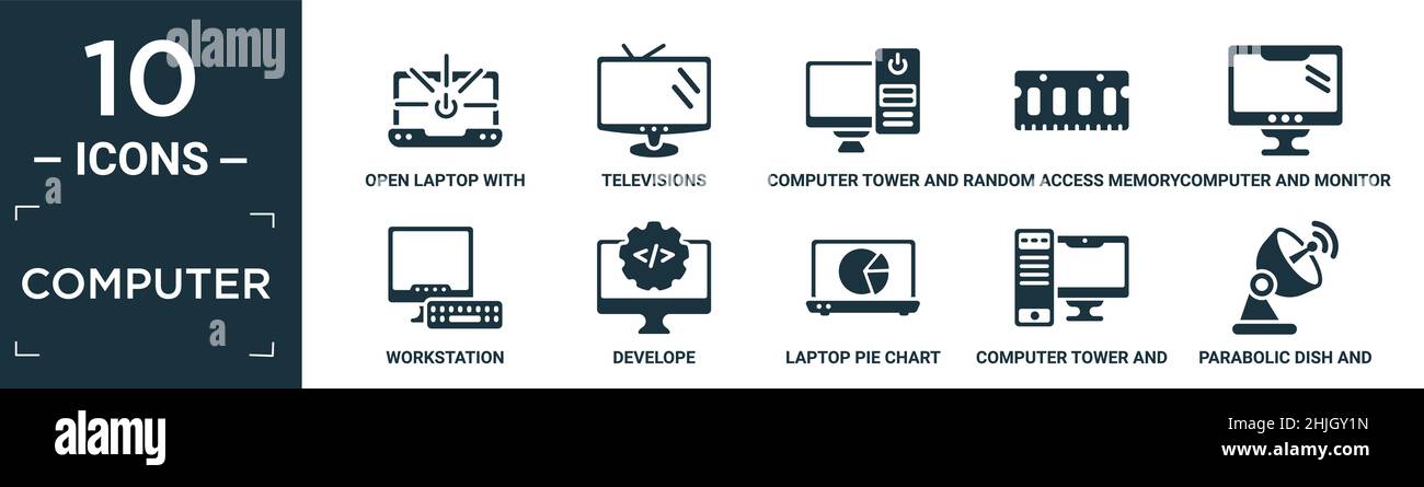 filled computer icon set. contain flat open laptop with shining screen ...