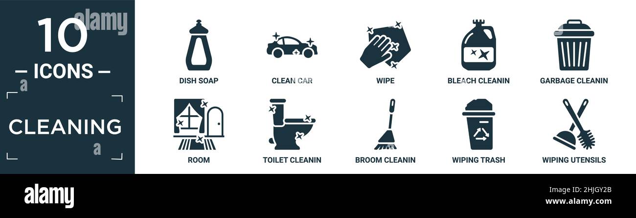 filled cleaning icon set. contain flat dish soap, clean car, wipe ...