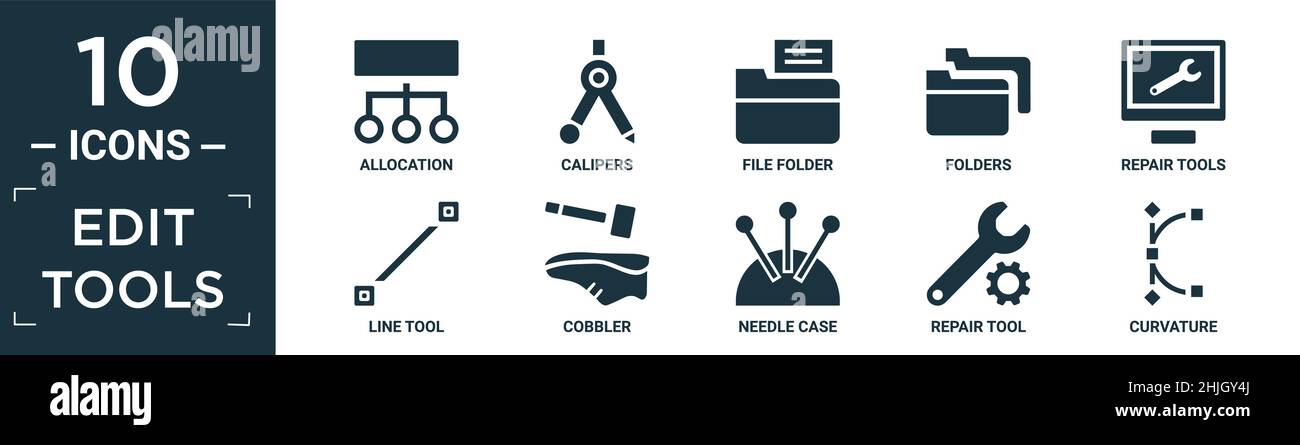 filled edit tools icon set. contain flat allocation, calipers, file ...