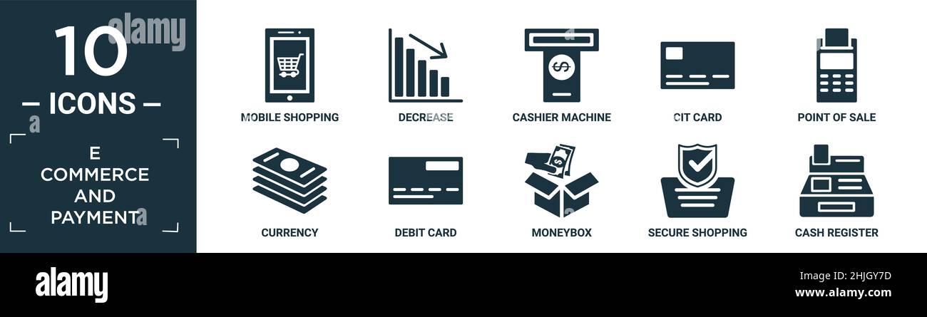 filled e commerce and payment icon set. contain flat mobile shopping, decrease, cashier machine ...