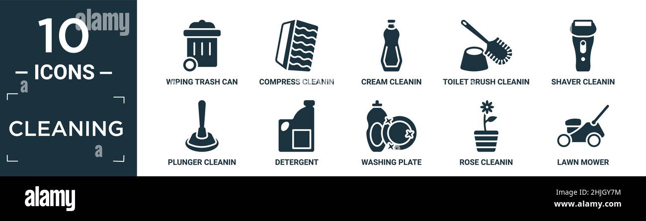 filled cleaning icon set. contain flat wiping trash can, compress ...