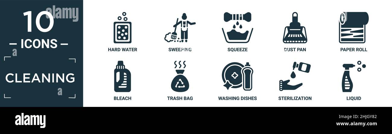 filled cleaning icon set. contain flat hard water, sweeping, squeeze ...