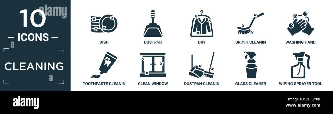 filled cleaning icon set. contain flat dish, dustpan, dry, brush ...