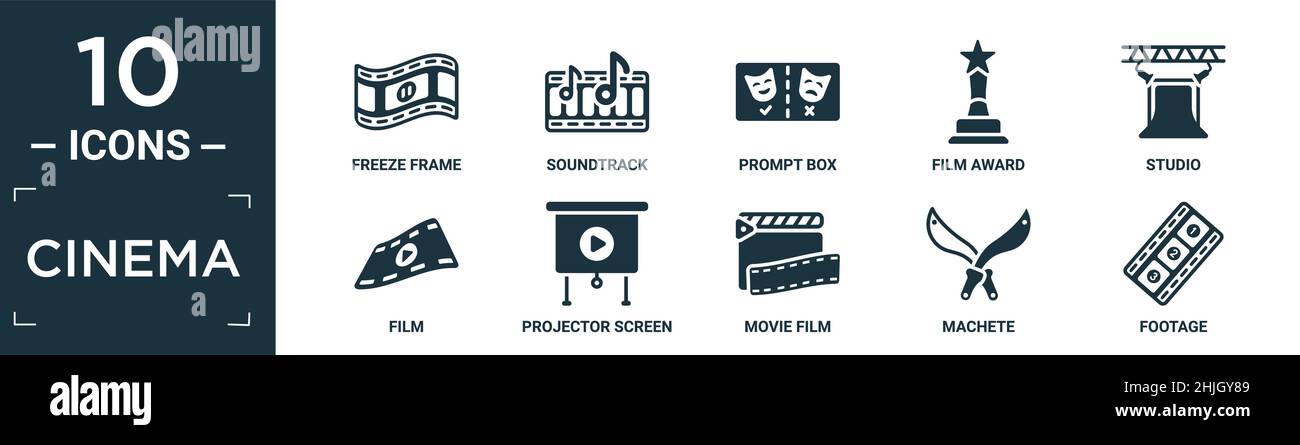 filled cinema icon set. contain flat freeze frame, soundtrack, prompt ...