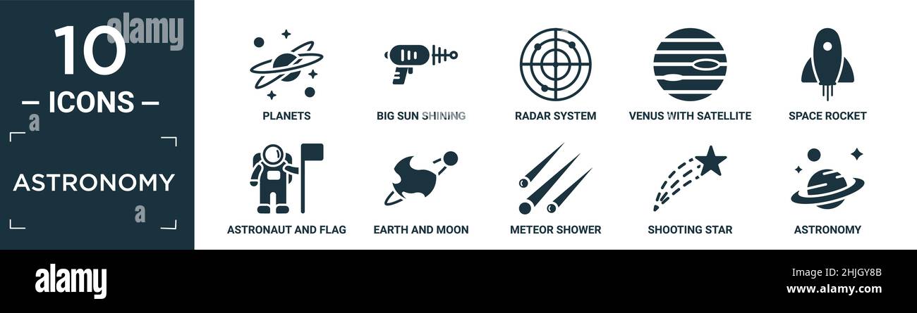 filled astronomy icon set. contain flat planets, big sun shining, radar ...