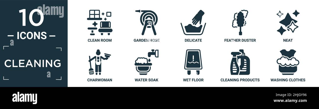 filled cleaning icon set. contain flat clean room, garden hose ...