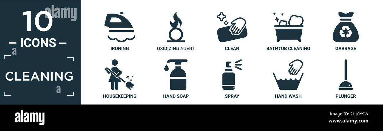 filled cleaning icon set. contain flat ironing, oxidizing agent, clean ...