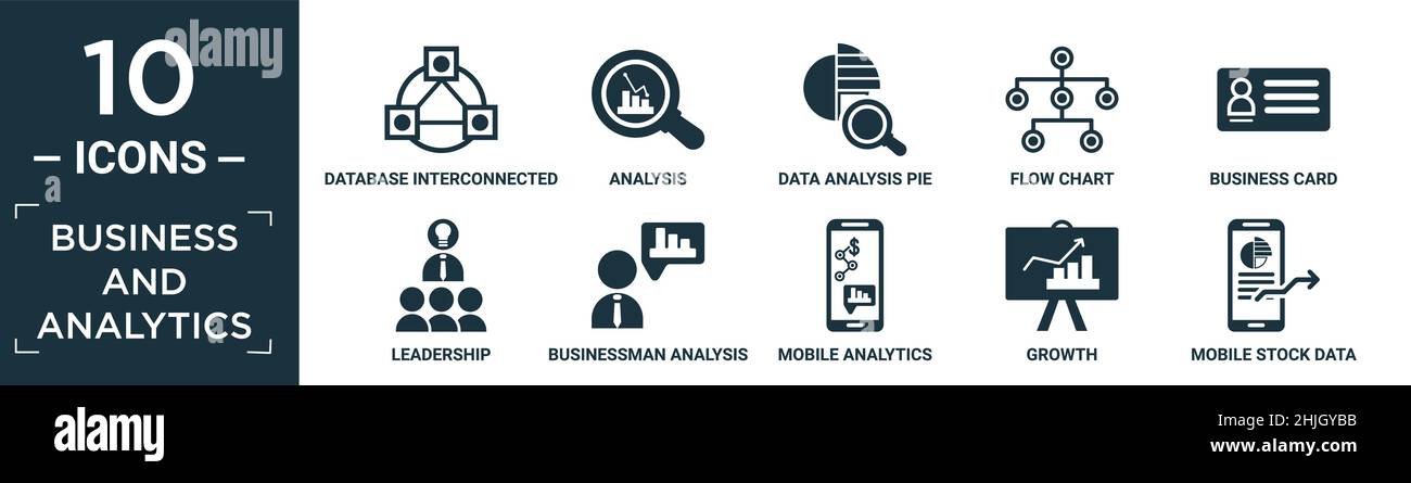 filled business and analytics icon set. contain flat database interconnected, analysis, data ...