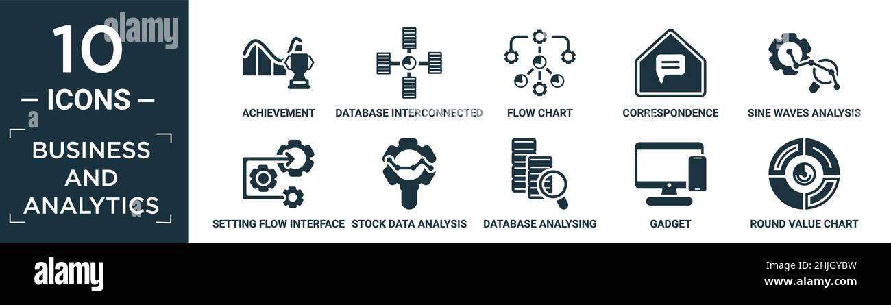 filled business and analytics icon set. contain flat achievement ...
