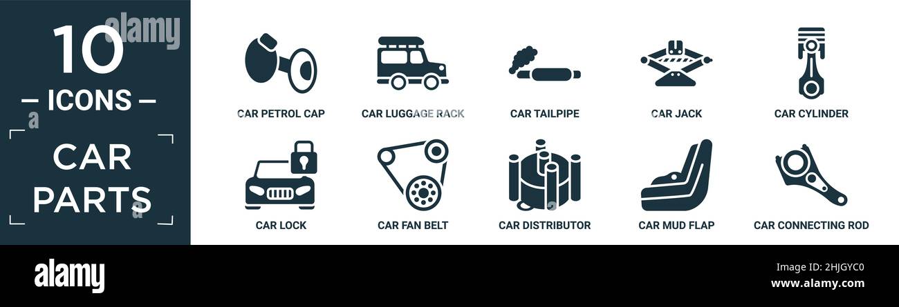 filled car parts icon set. contain flat car petrol cap, car luggage ...