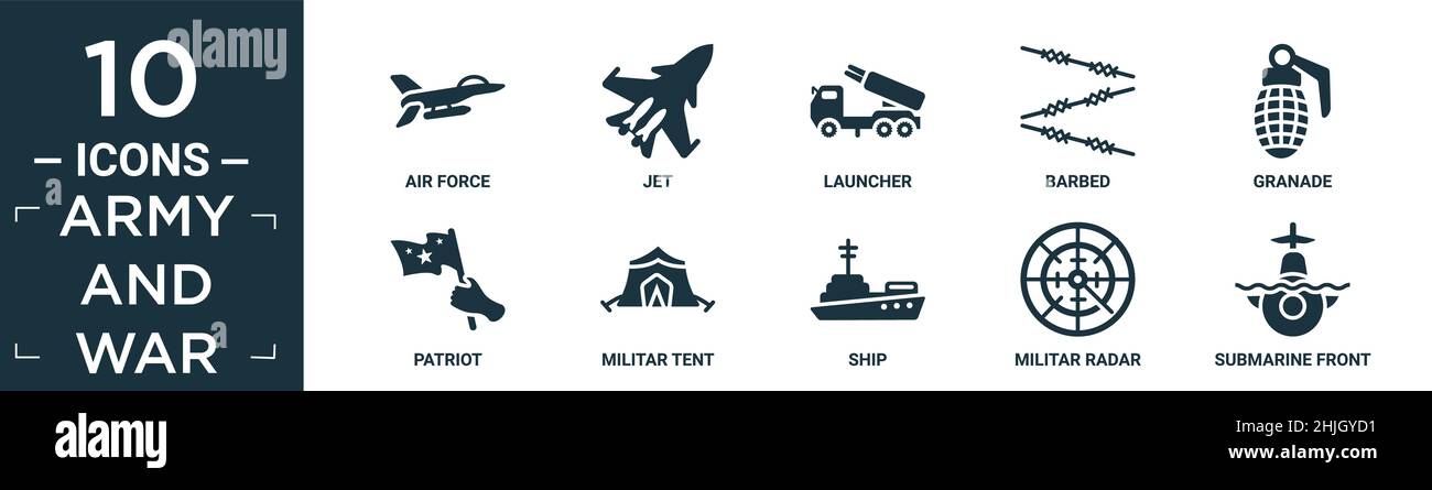 filled army and war icon set. contain flat air force, jet, launcher ...