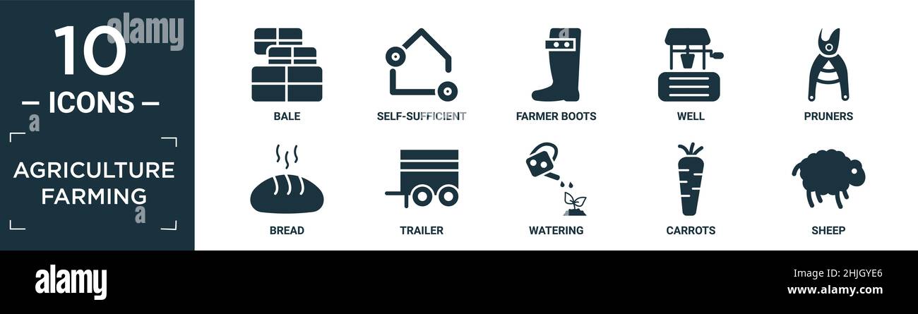 filled agriculture farming icon set. contain flat bale, self-sufficient ...