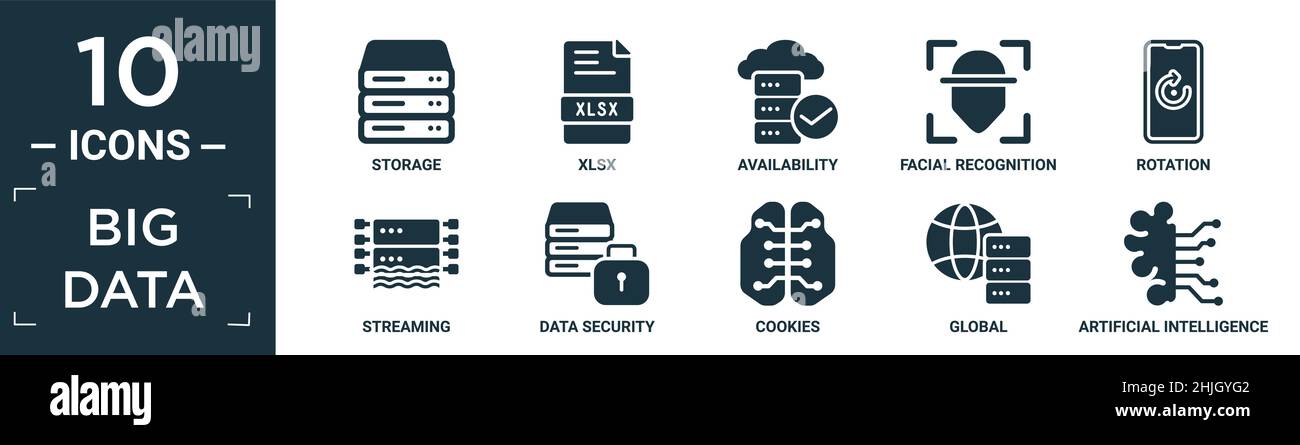filled big data icon set. contain flat storage, xlsx, availability ...