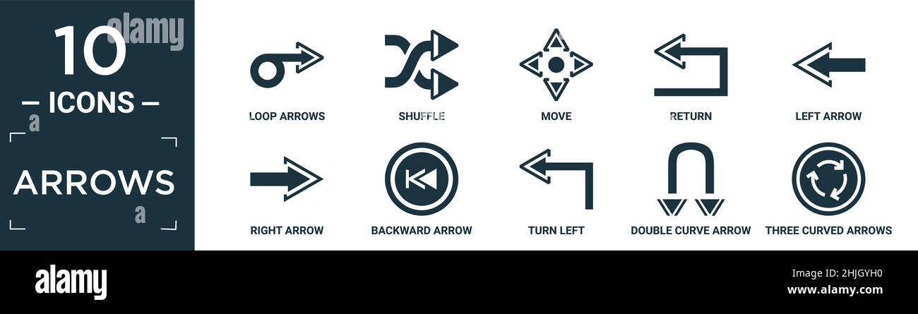 filled arrows icon set. contain flat loop arrows, shuffle, move, return ...
