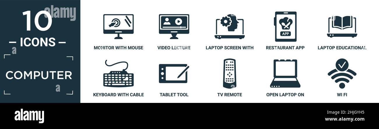 filled computer icon set. contain flat monitor with mouse cursor, video ...