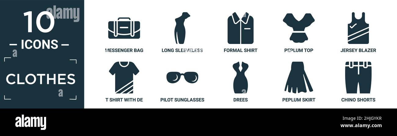filled clothes icon set. contain flat messenger bag, long sleeveless ...