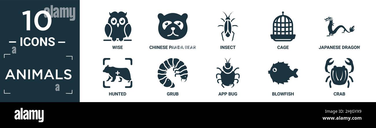 filled animals icon set. contain flat wise, chinese panda bear, insect ...