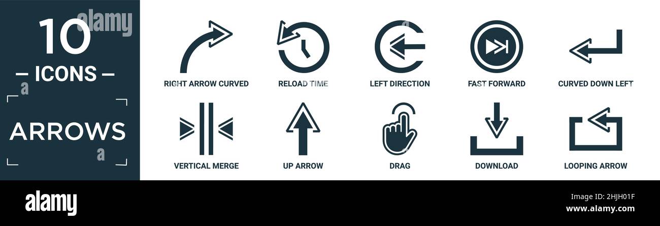 filled arrows icon set. contain flat right arrow curved, reload time ...